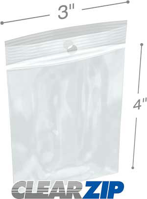 3" x 4" Hang Hole Clearzip® LockingTop Bags 2 Mil