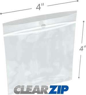 4" x 4" Hang Hole Clearzip® LockingTop Bags 2 Mil